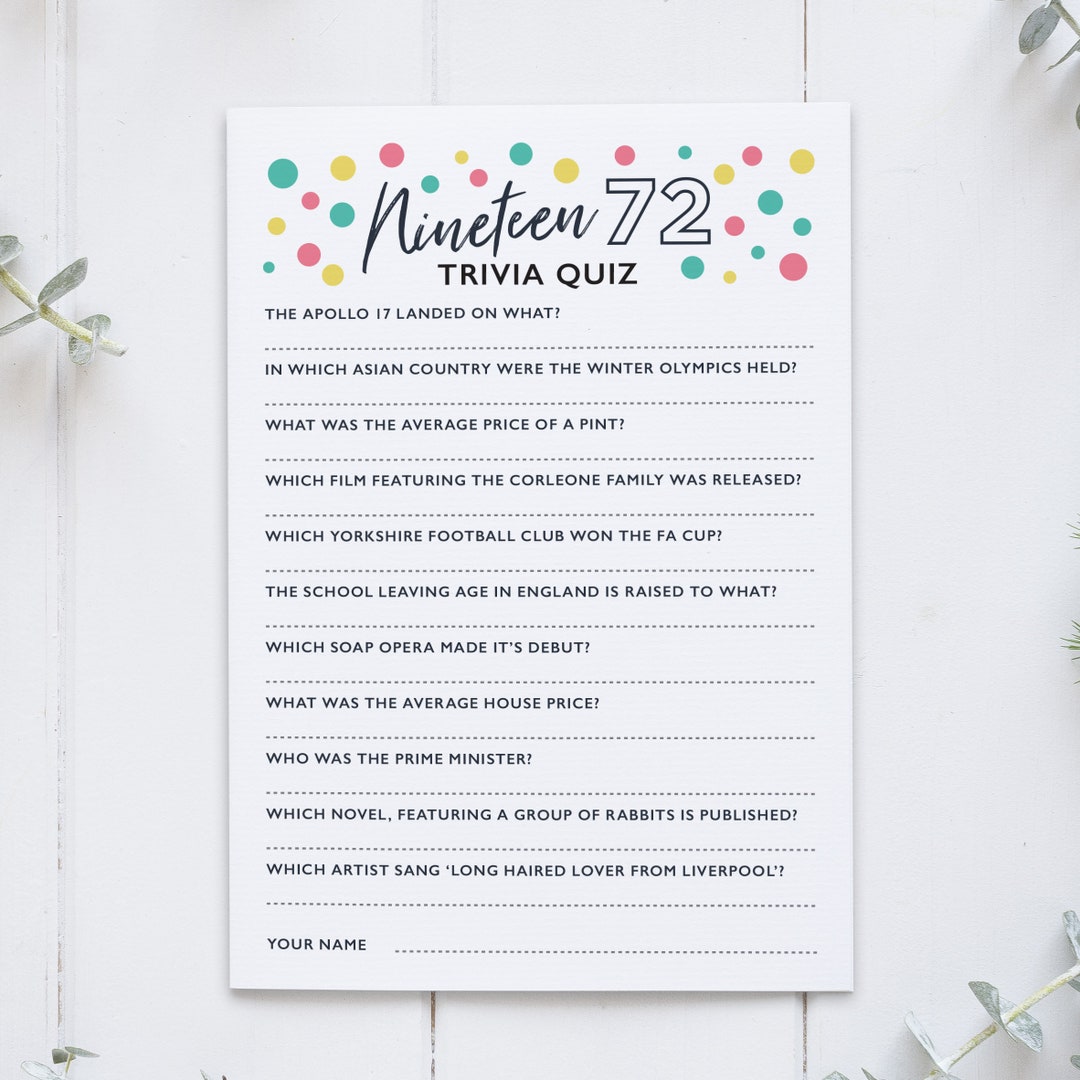 1972 Trivia Quiz Printable 50th Birthday Party Married in 1972 - Etsy ...