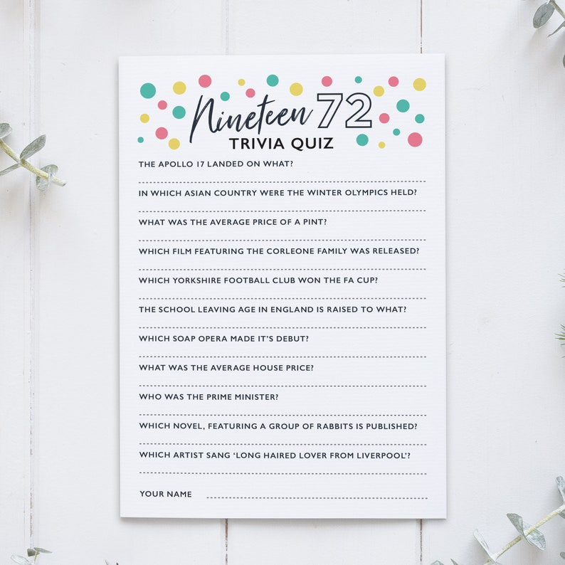 1972 Trivia Quiz Printable 50th Birthday Party Married in 1972 - Etsy ...