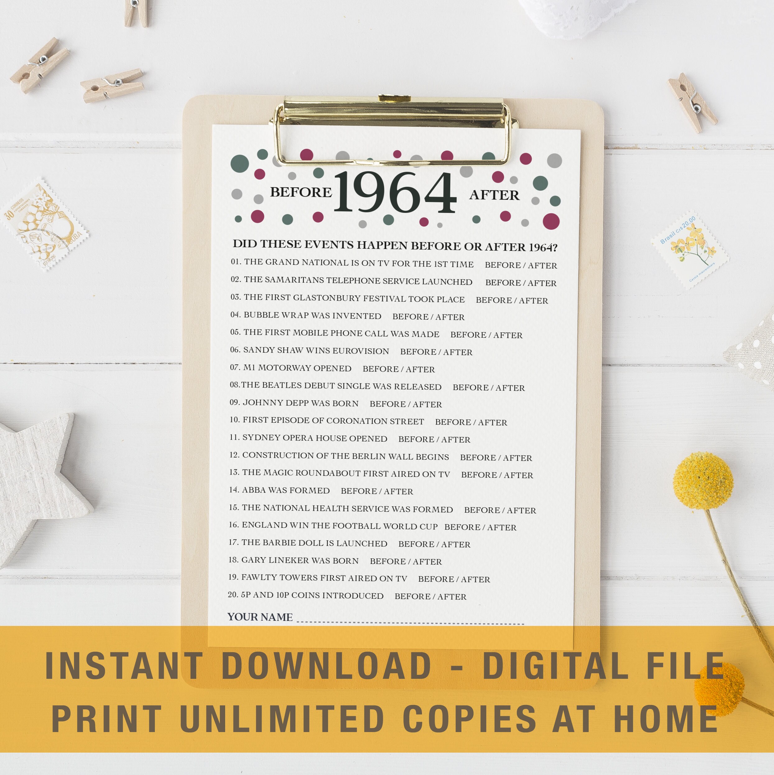 Before or After 1964 Quiz Instant Download Print at Home 60th Birthday ...
