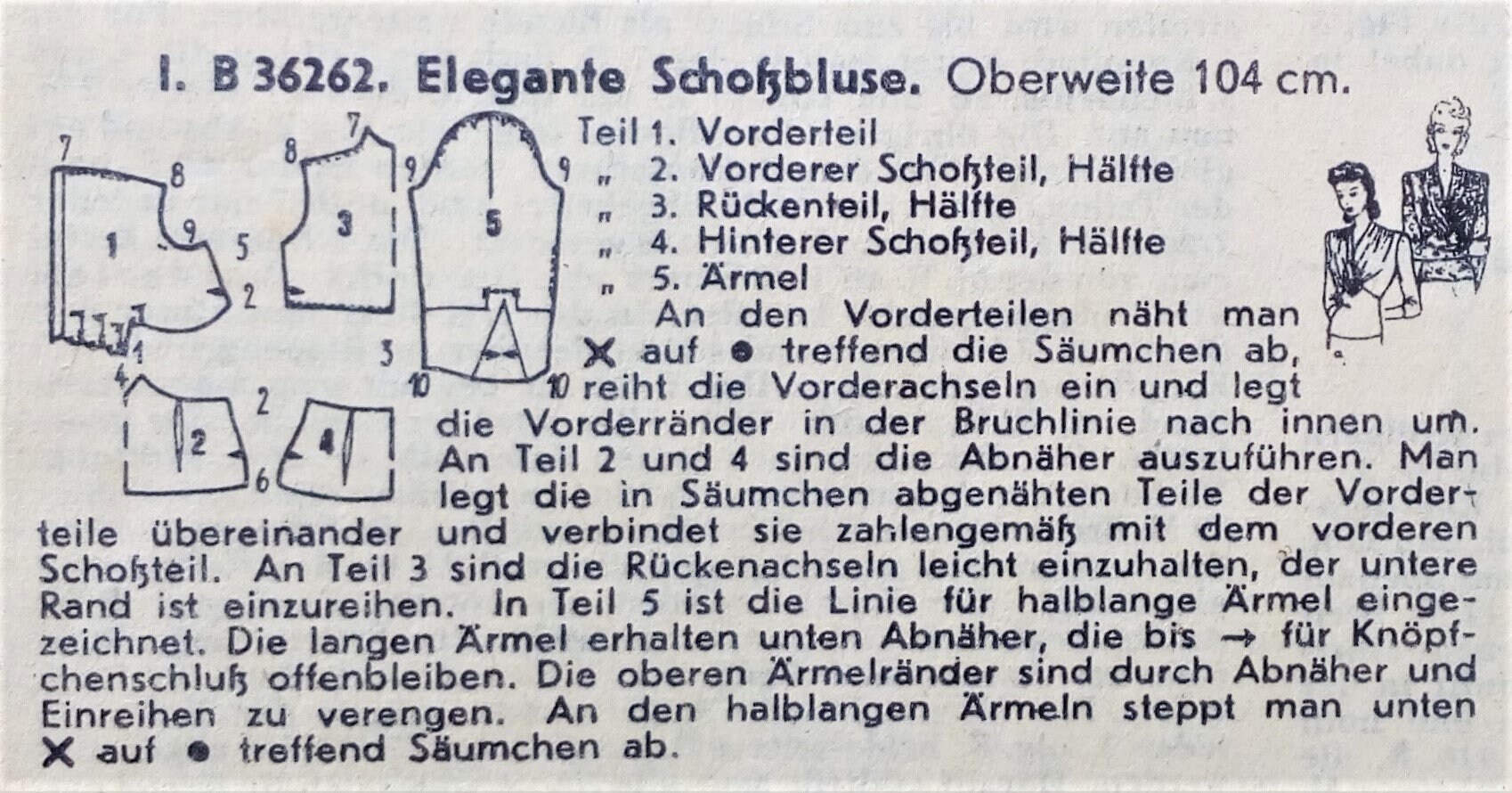 Vintage 104cm/ 41 Bust Size 1940s Blouse Sewing Pattern. - Etsy
