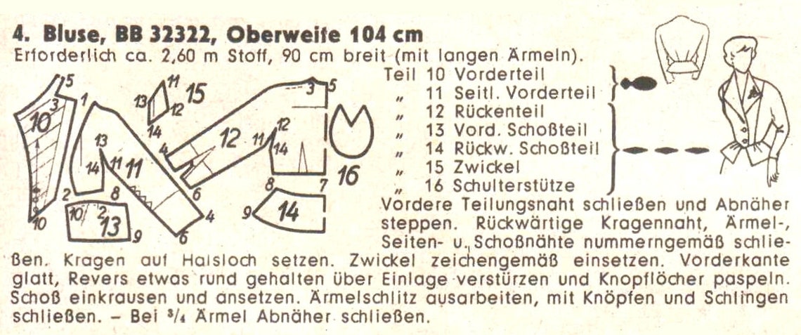 Vintage 104cm/41 Bust Size 1950s Long Sleeve Peplum Blouse Sewing ...