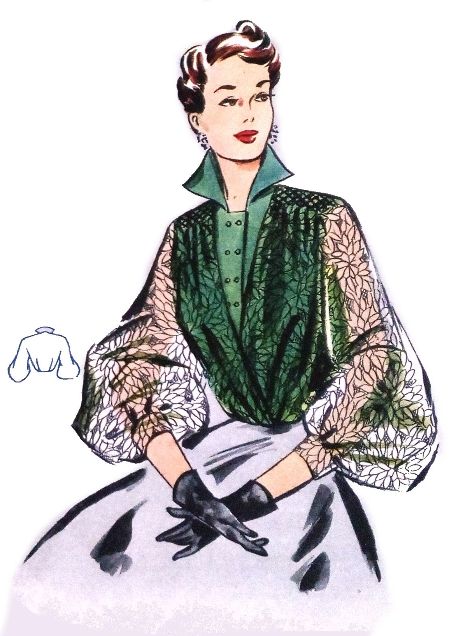 Vintage 104cm/41 Bust Size 1950s Lace Puff Sleeve Blouse Sewing Pattern ...