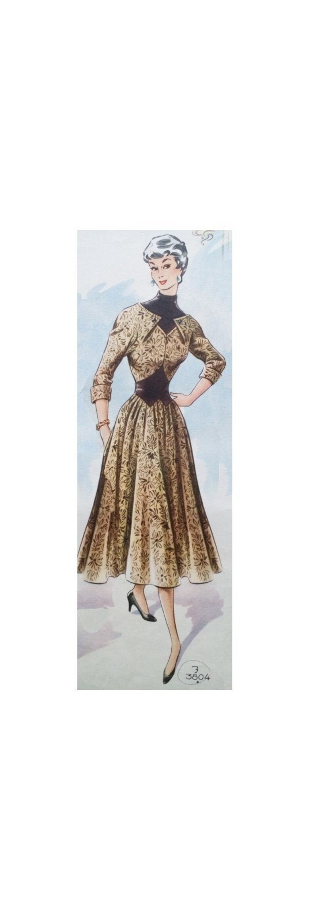 Vintage 92cm / 36" Bust Size 1950s 3/4 Sleeve Length Day Dress Sewing ...