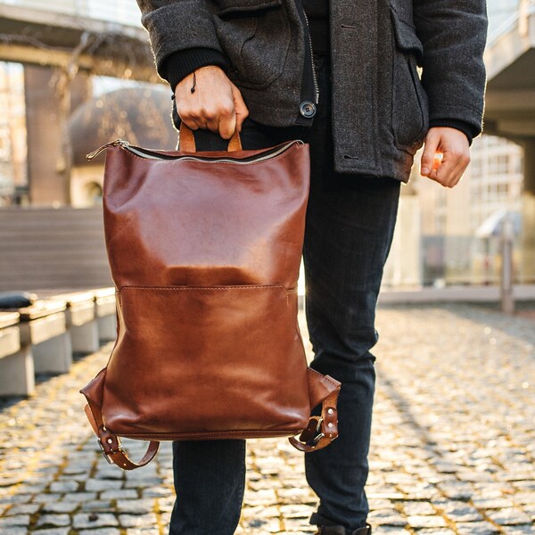 Cognac Leather Backpack - Etsy