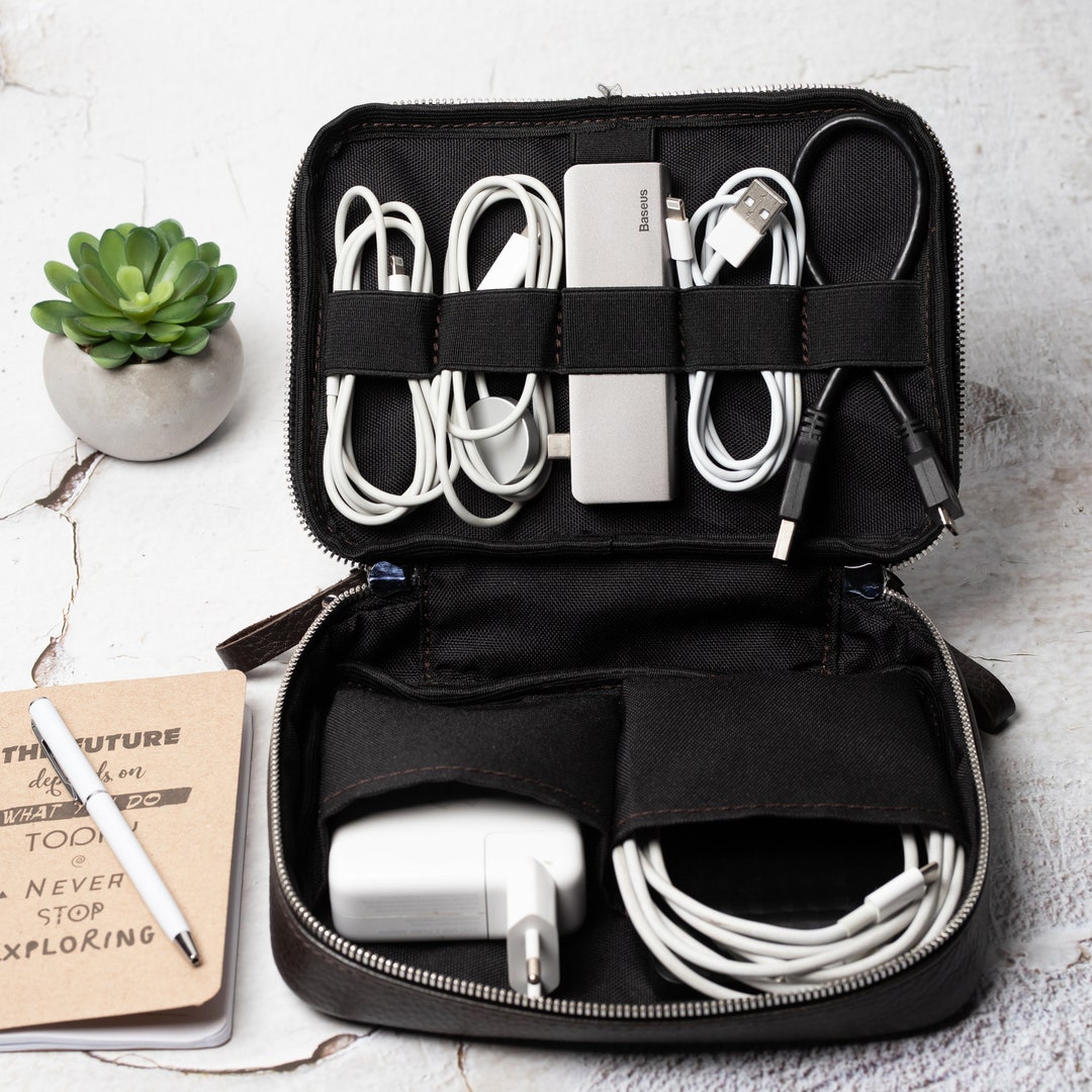 Custom Black Leather Cable Charge Storage Bag, Personalized Travel Electronics Accessories Bag ...