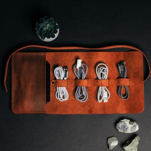 Leather Cable Organizer Case, Cord Holder Storage Bag, Tech Accessories ...