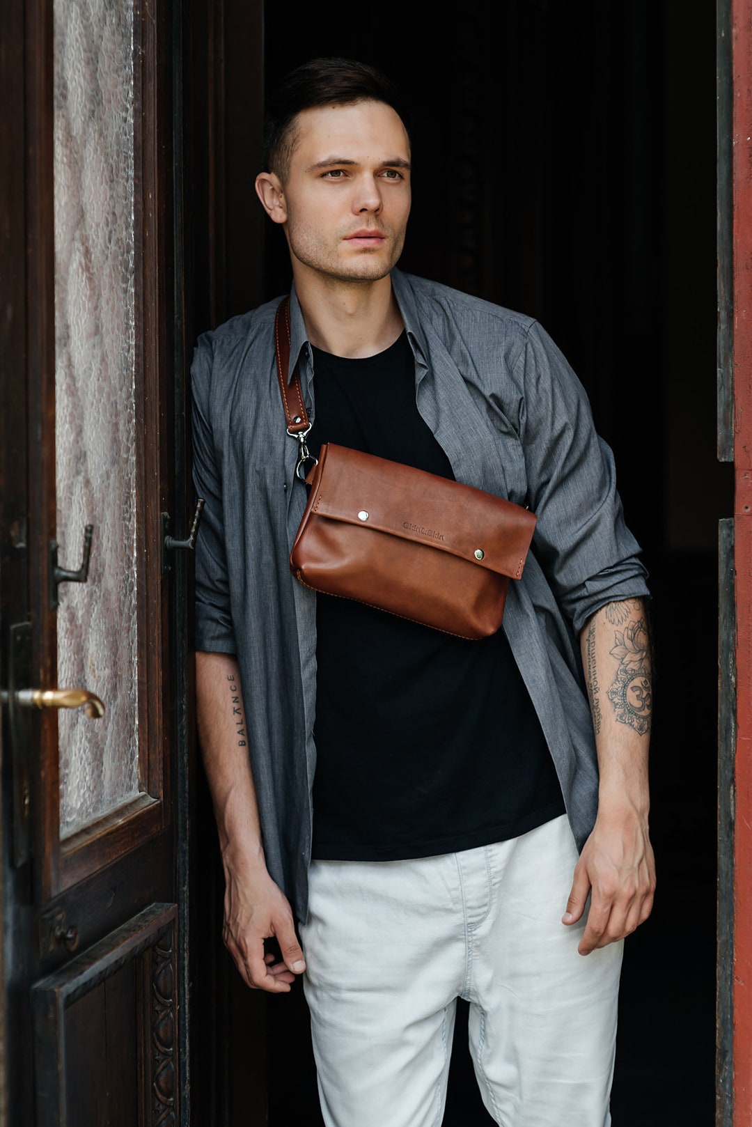Waist Belt Bag, Cognac Leather Crossbody Purse, Men Travel Hip Handbag ...