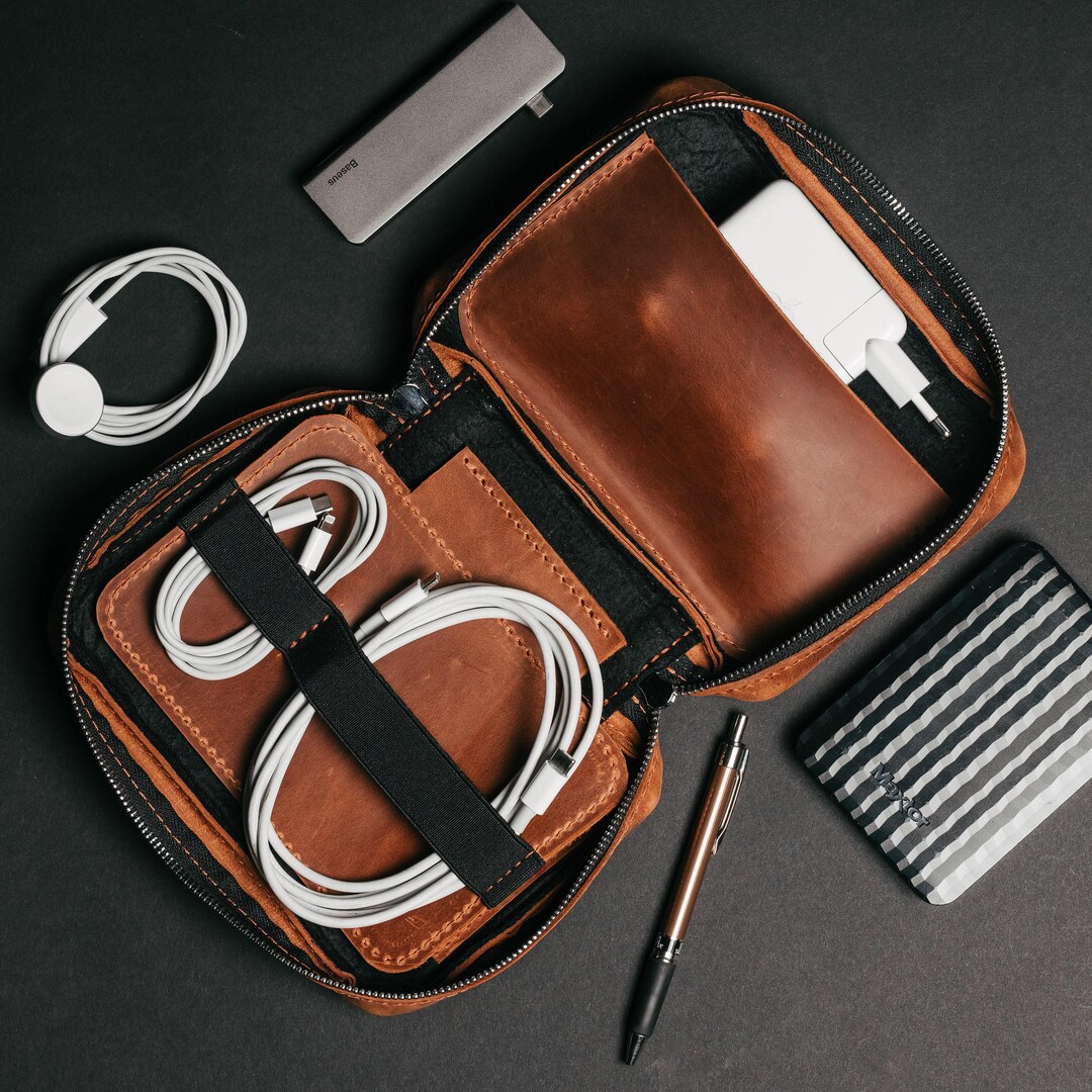 Genuine Leather Electronic Accessories Case, Tech Organizer, Cable ...
