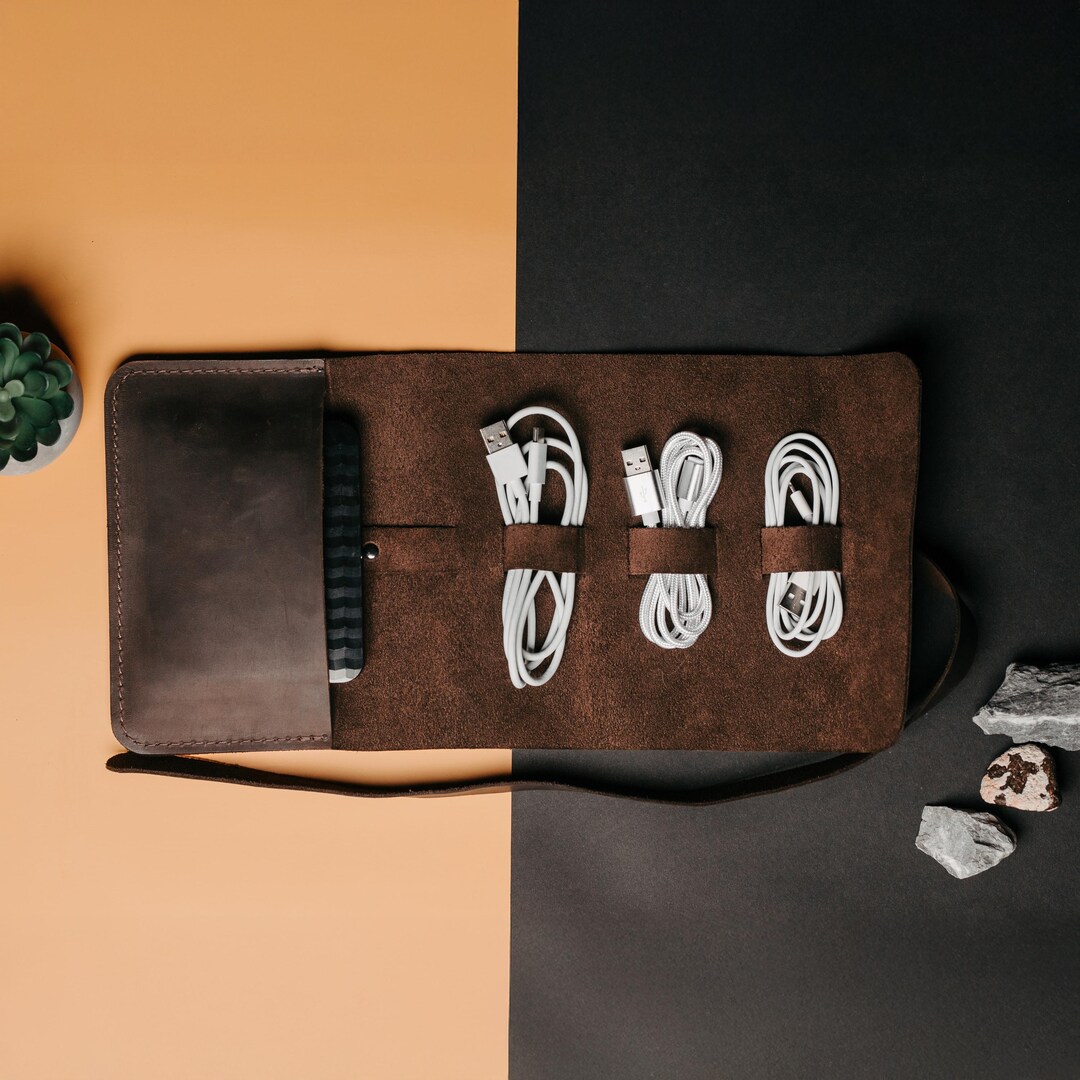 Personalized Leather Tech Accessory Roll, Gadget Holder, Travel Tech ...