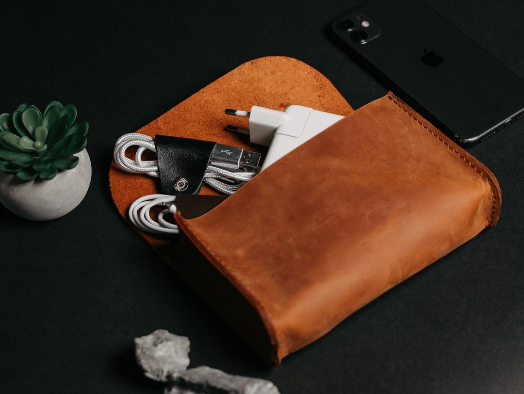 Custom Leather Gadgets Storage Pouch, Personalized Tech Organizer ...