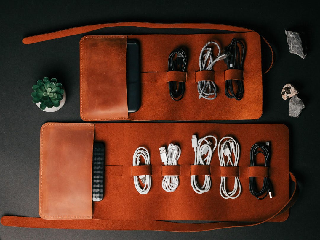 Custom Leather Tech Bag, Cable Holder Case, Cord Organizer Pouch ...