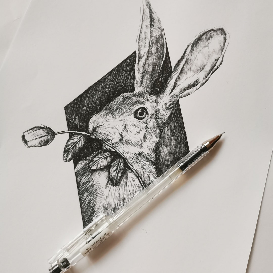 Rabbit With a Rose Tattoo Flash Sketch for Tattoo Artist or for Someone ...