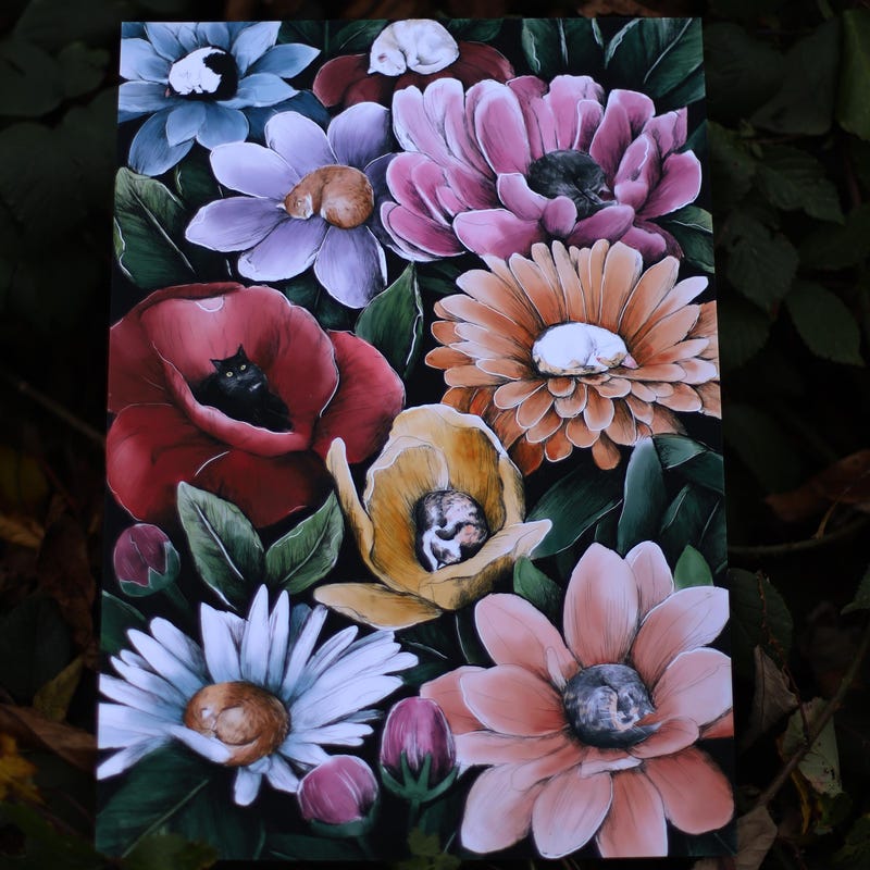 Cat in Flowers Picture - Etsy UK