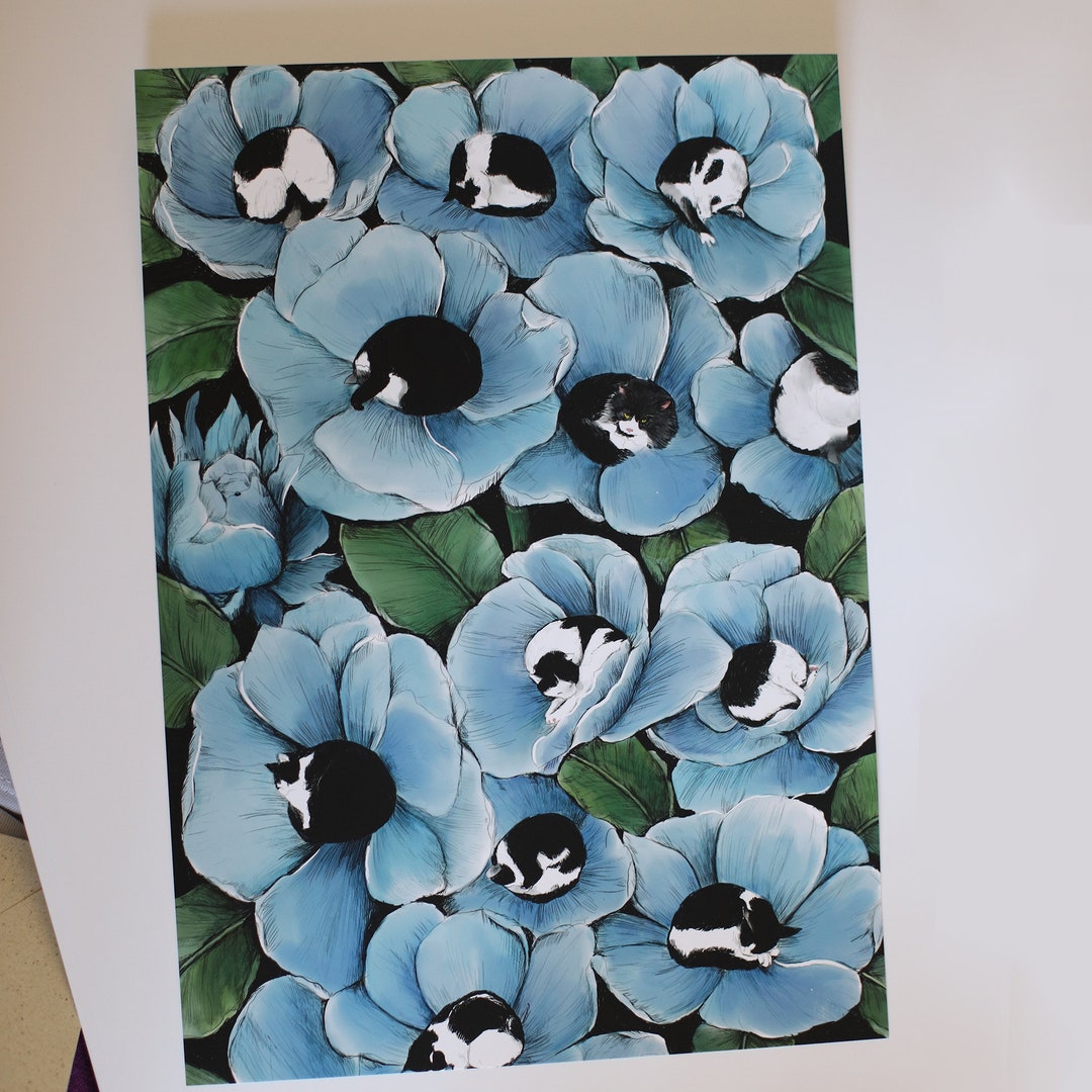 Tuxedo and Cow Cats in Flowers. Blue, Peach, Pink, Purple Flowers and ...