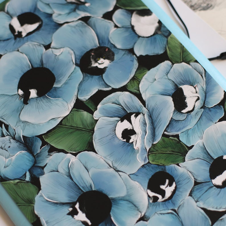 Tuxedo and Cow Cats in Flowers. Blue, Peach, Pink, Purple Flowers and ...
