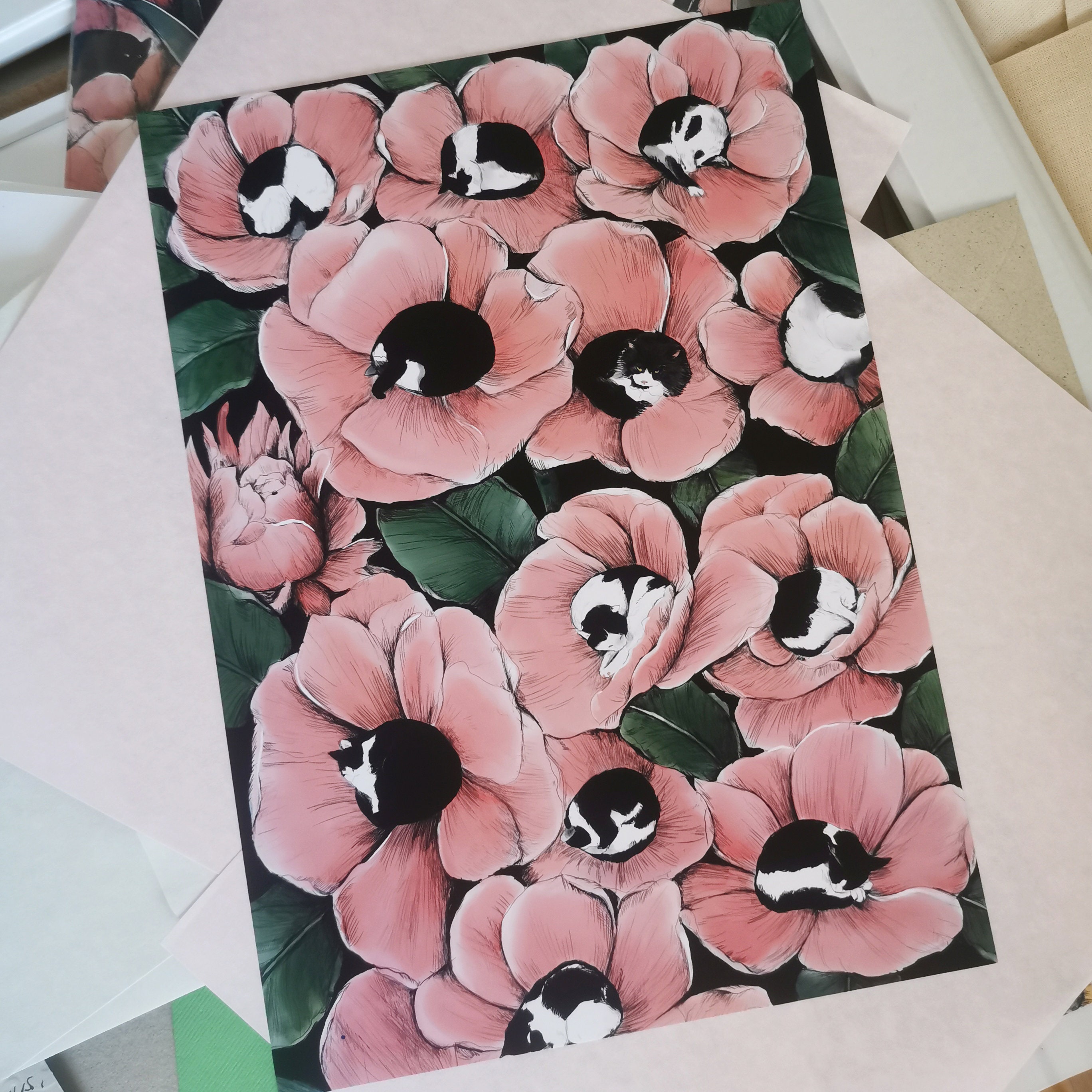 Tuxedo and Cow Cats in Flowers. Blue, Peach, Pink, Purple Flowers and ...