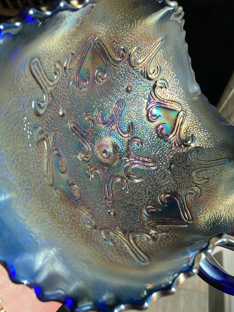Rare Dugan Carnival Glass Puzzle Pattern Blue Two Sides up Banana Dish ...