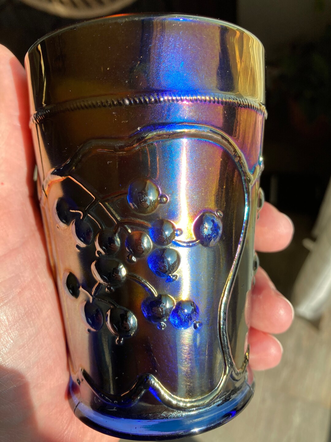 Antique Fenton Blueberry Pattern Blue Carnival Glass Tumbler- Circa ...