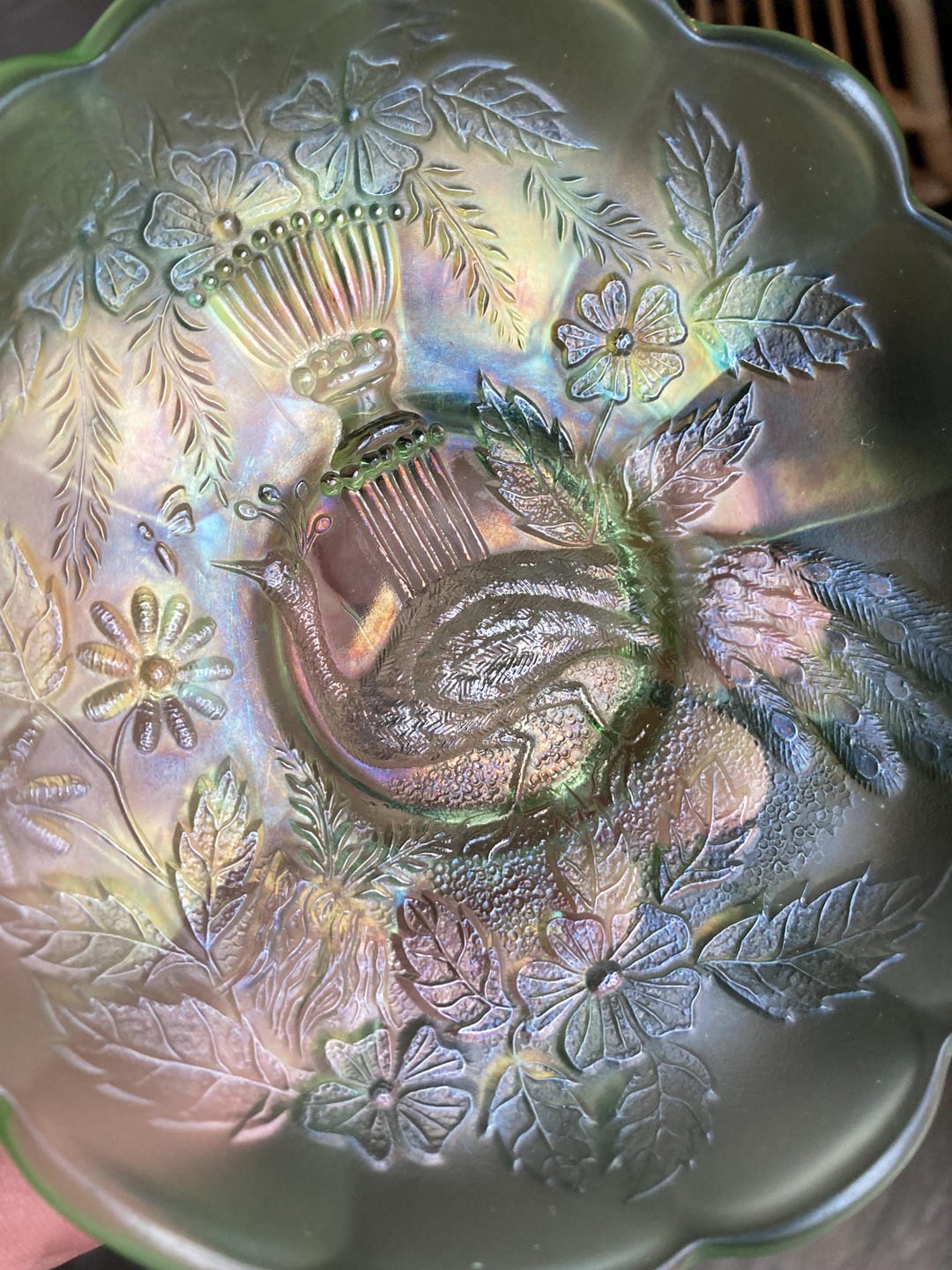 Antique Northwood Peacock & Urn Ice Green Carnival Glass Ice Cream ...
