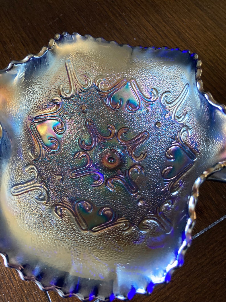 Rare Dugan Carnival Glass Puzzle Pattern Blue Two Sides up Banana Dish ...