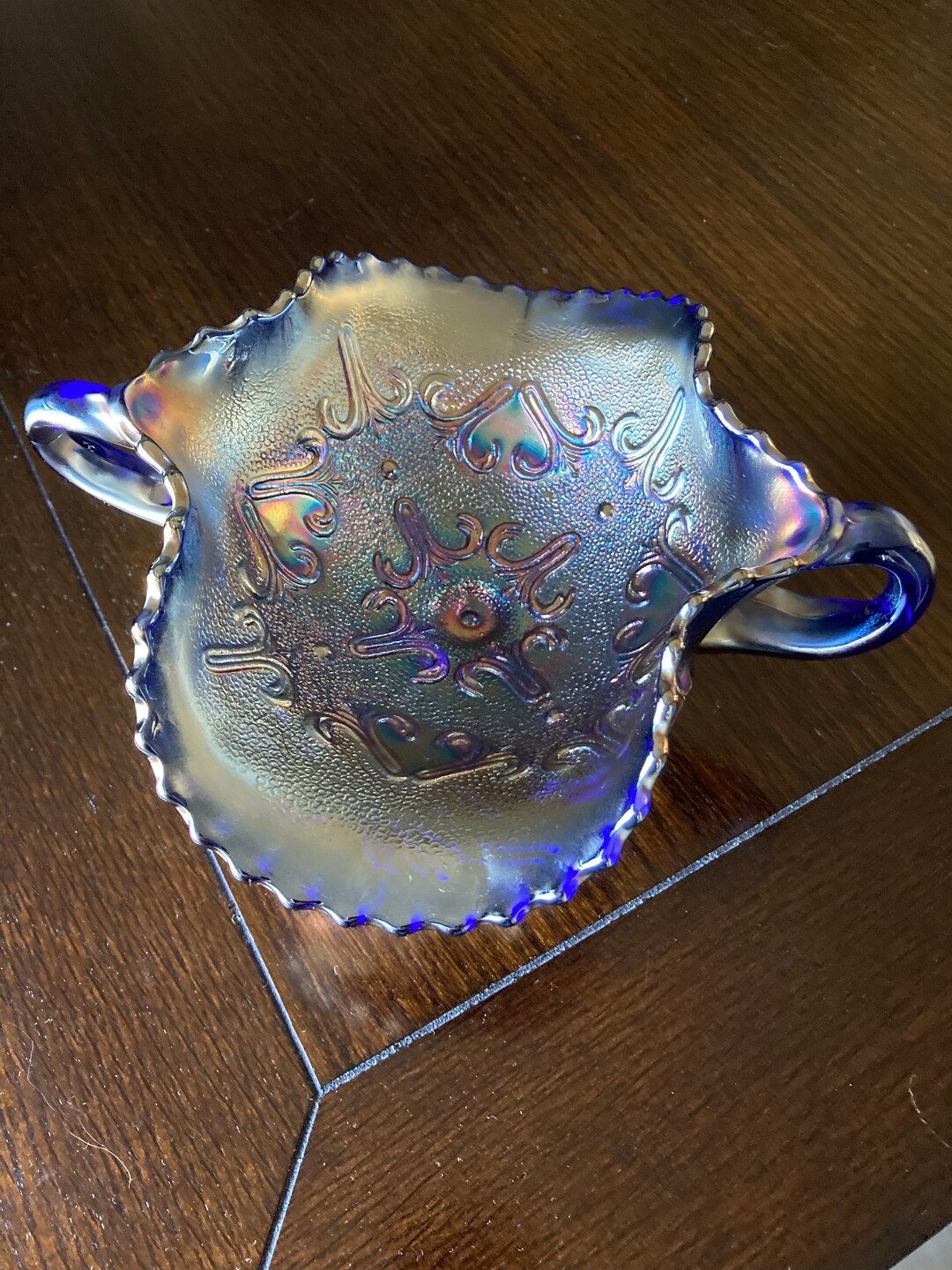 Rare Dugan Carnival Glass Puzzle Pattern Blue Two Sides up Banana Dish ...