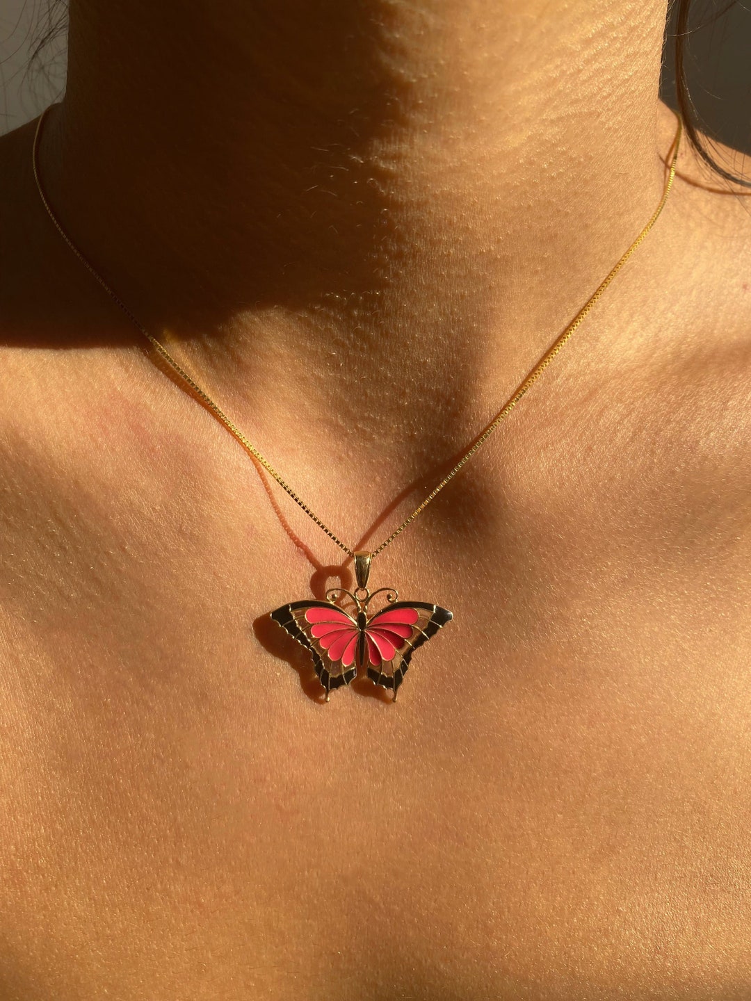 14K Pink Enameled Butterfly Pendant - Etsy