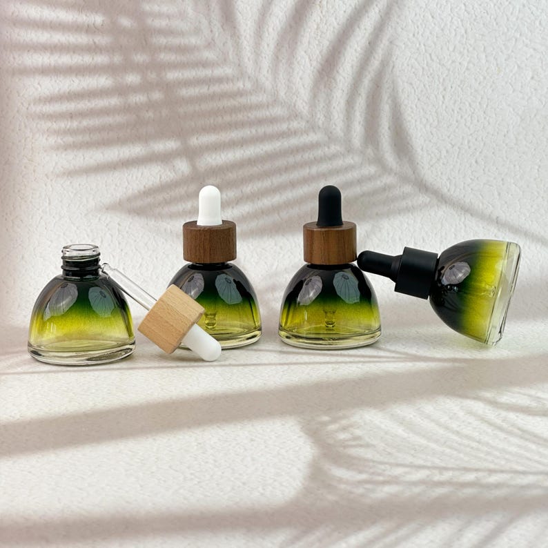 Gradient Green Dome Glass Dropper Bottle With Wood Cap, Refillable ...