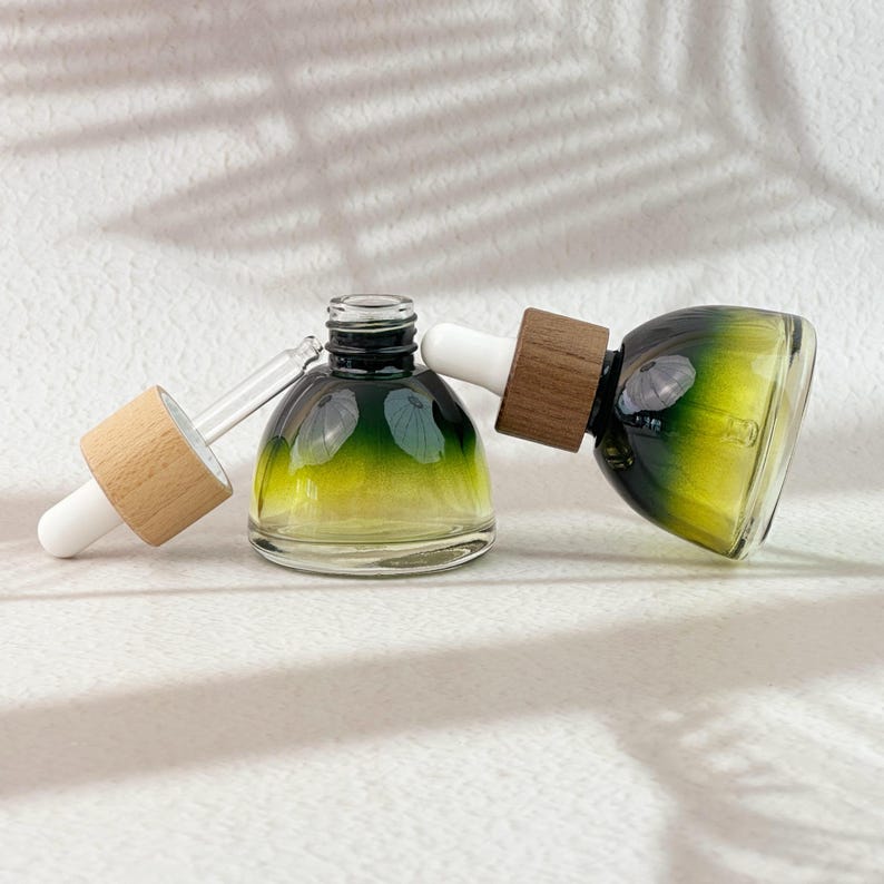 Gradient Green Dome Glass Dropper Bottle With Wood Cap, Refillable ...