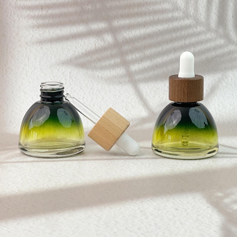 Gradient Green Dome Glass Dropper Bottle With Wood Cap, Refillable ...