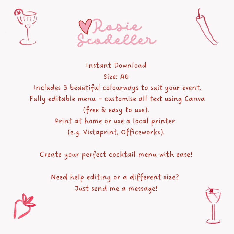 Editable Cocktail Menu – Printable Wedding Bar Sign – A6 Template – 3 ...