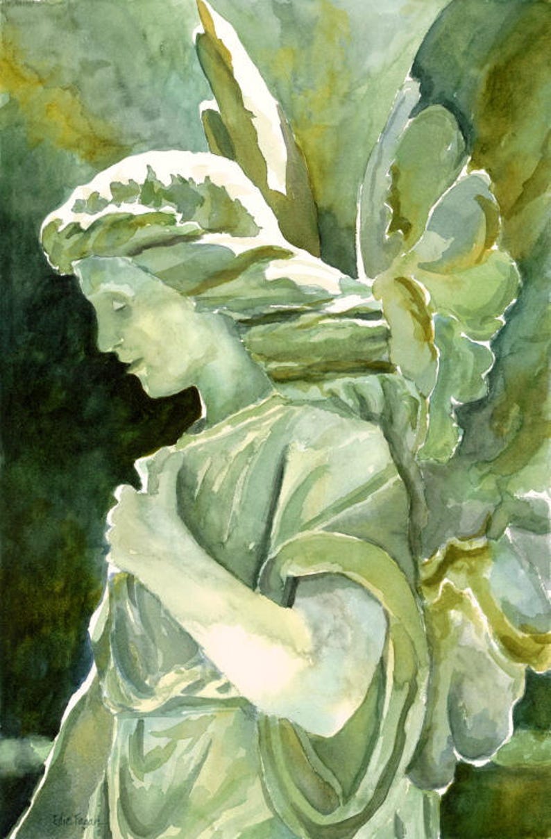 Watercolor Angel Painting, Angel Statue, Print of Original Watercolor ...