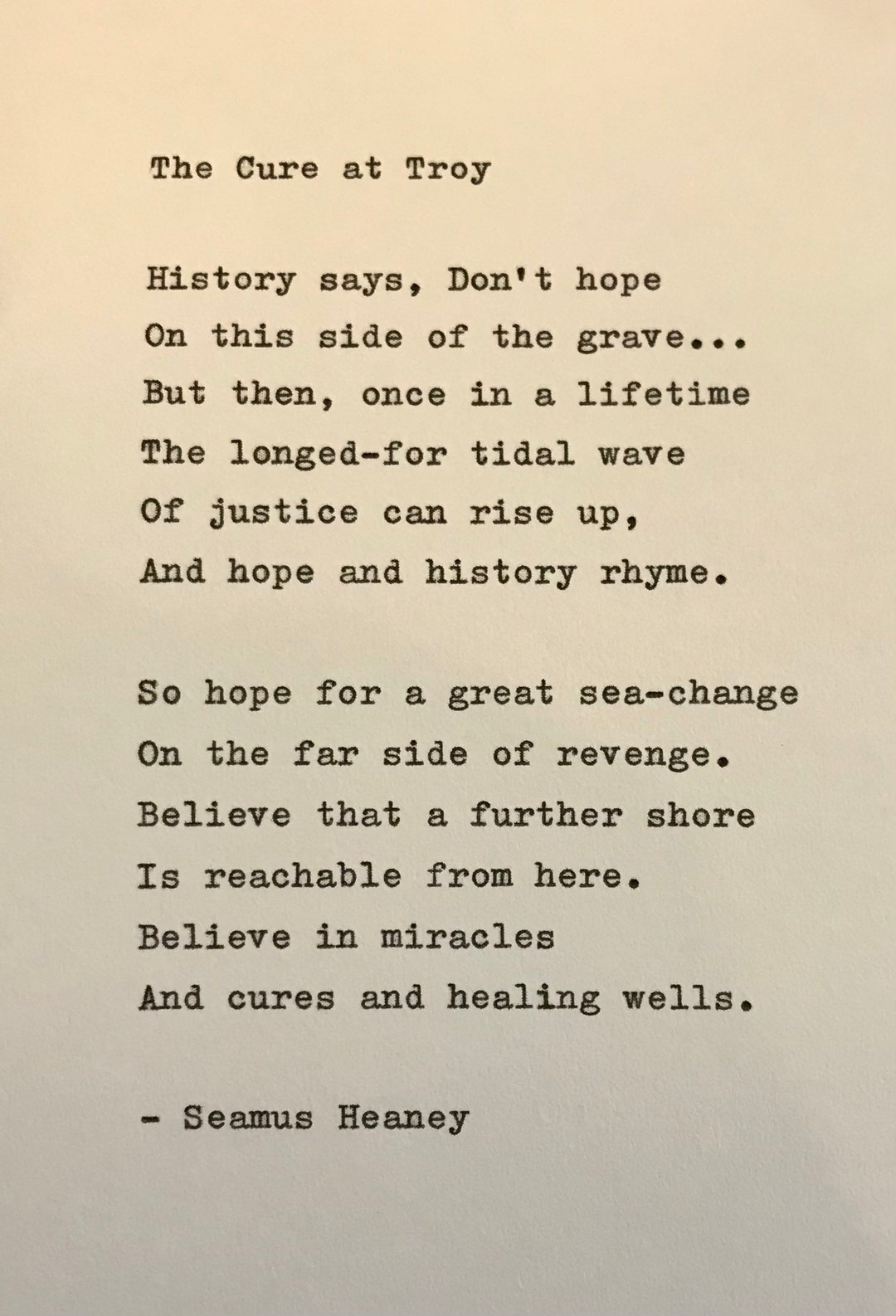 Seamus Heaney the Cure at Troy Hand Typed Poem Vintage Typewriter Quote ...