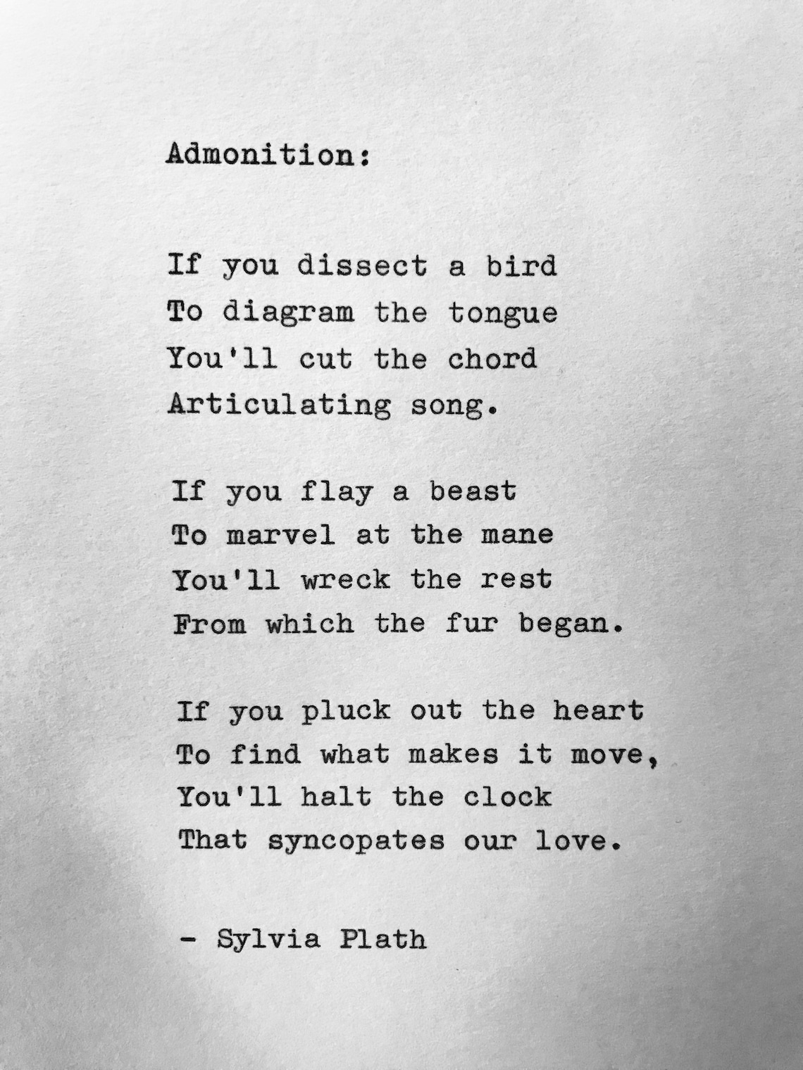 Sylvia Plath ' ADMONITION' Hand Typed Poem Vintage | Etsy