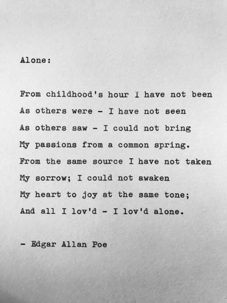 Edgar Allen Poe ALONE Hand Typed Poem Vintage Typewriter Quote | Etsy
