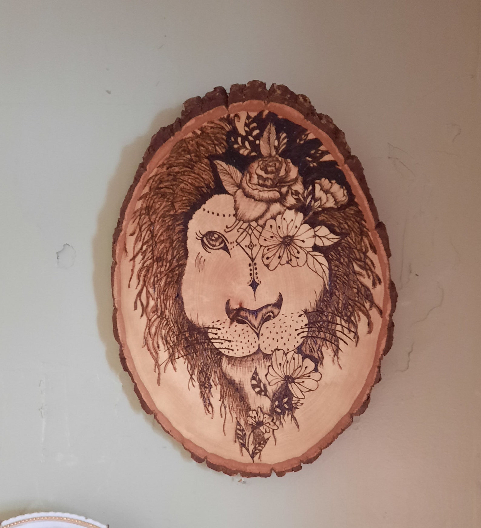 Wood Burned Boho Lion Head Wood Slab Sign - Etsy