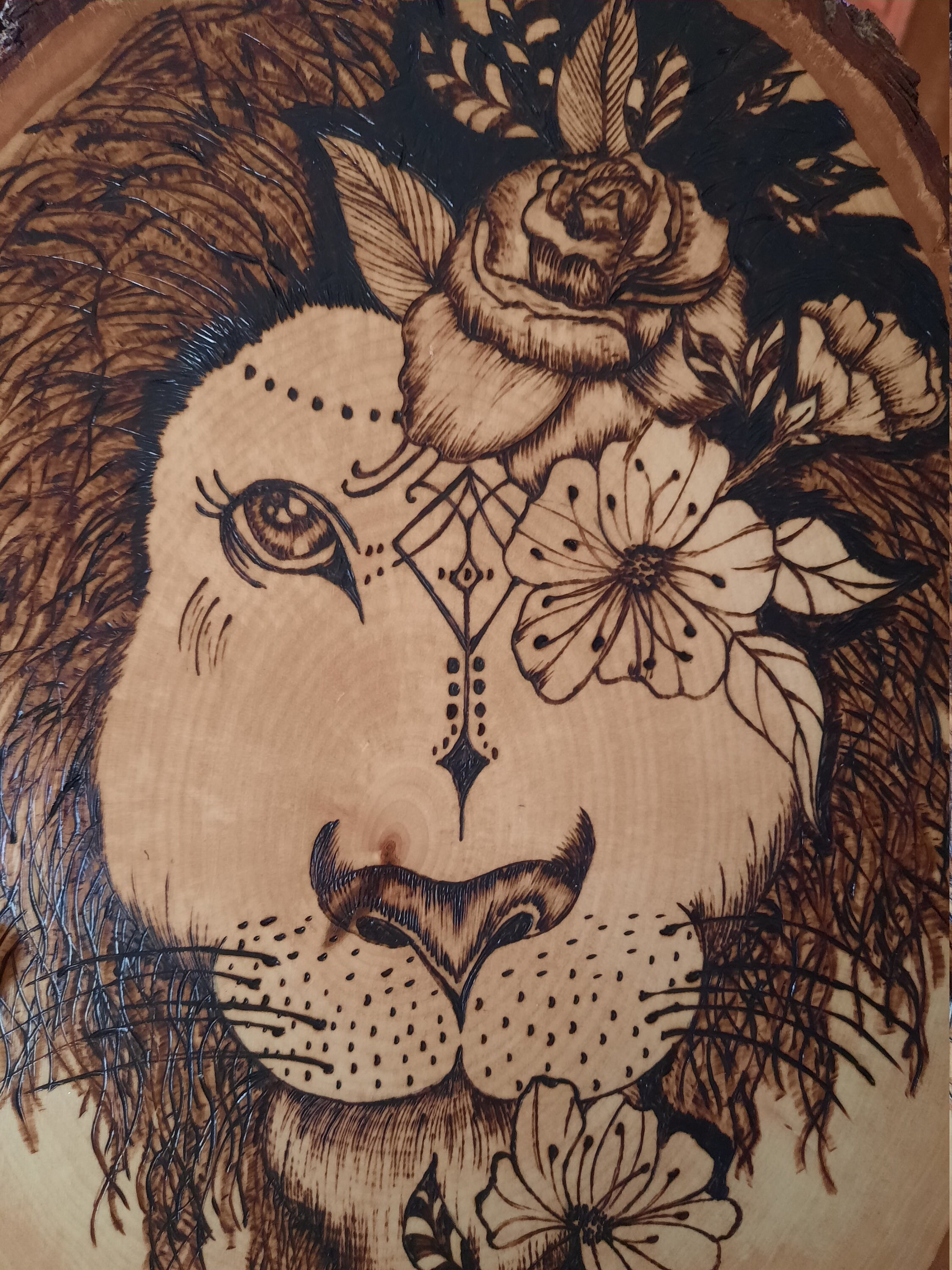 Wood Burned Boho Lion Head Wood Slab Sign - Etsy