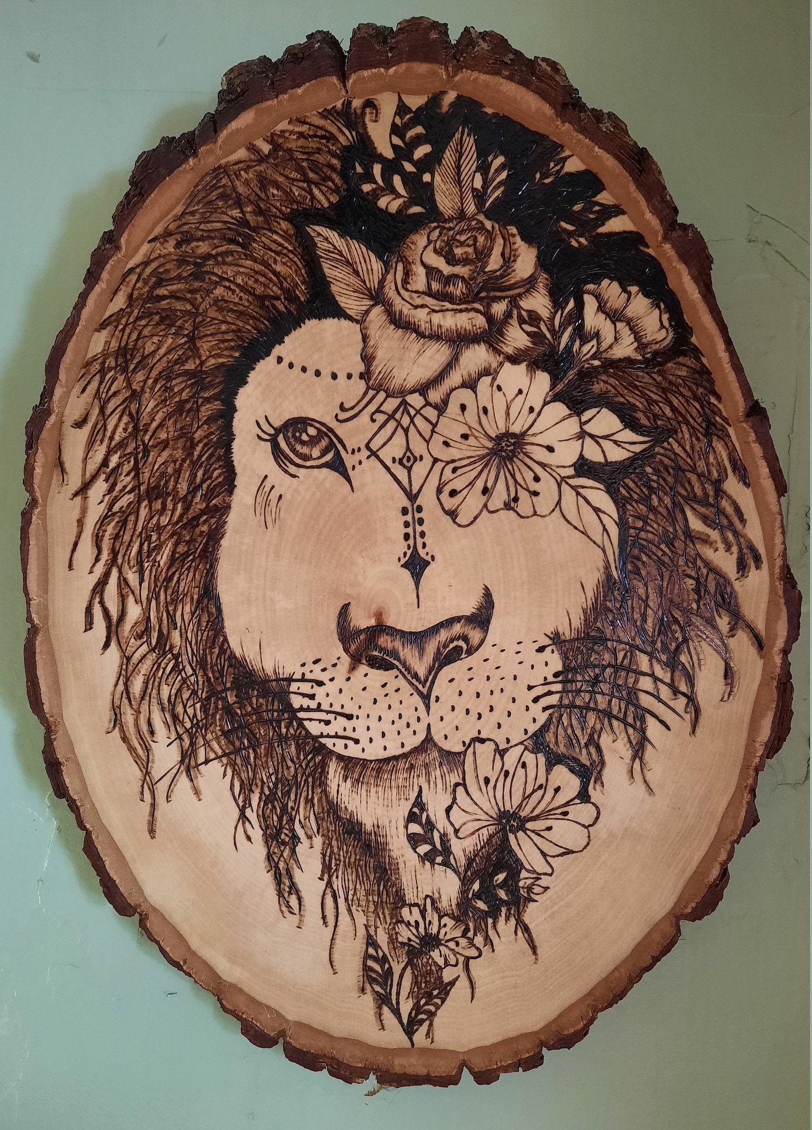 Wood Burned Boho Lion Head Wood Slab Sign - Etsy