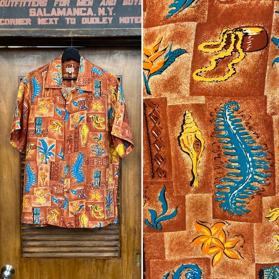 Vintage 1950’s Atomic Tiki Seashell Silk Hawaiian Shi… - Gem