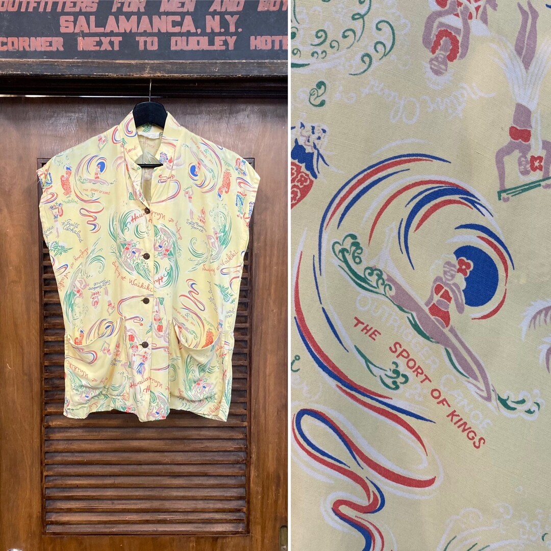 Vintage 1940’s Amazing Cartoon Surfer Tropical Rayon Hawaiian Teatimer ...