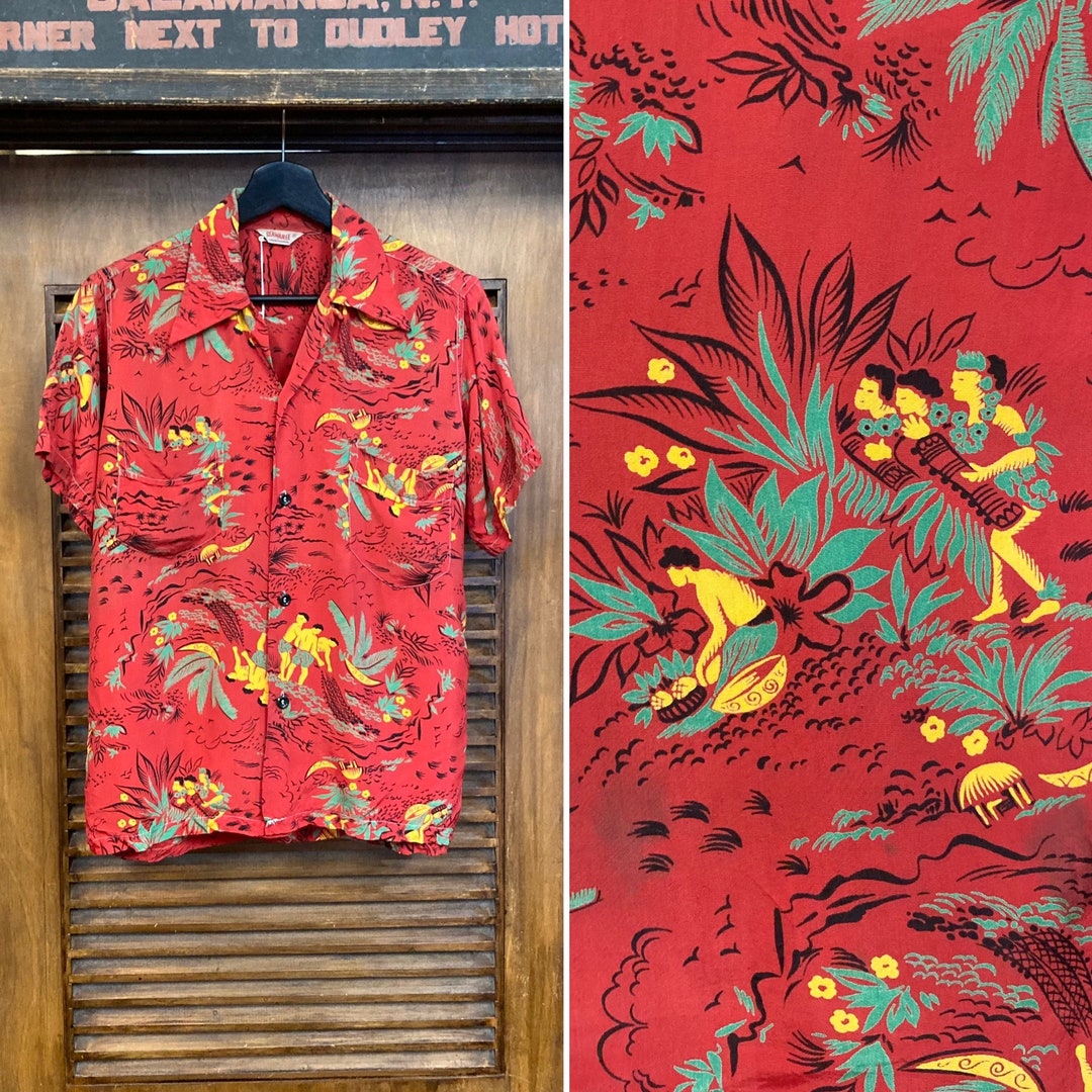 Vintage 1940’s Cartoon Natives Tropical Tiki Rayon Hawaiian Shirt, 40’s ...