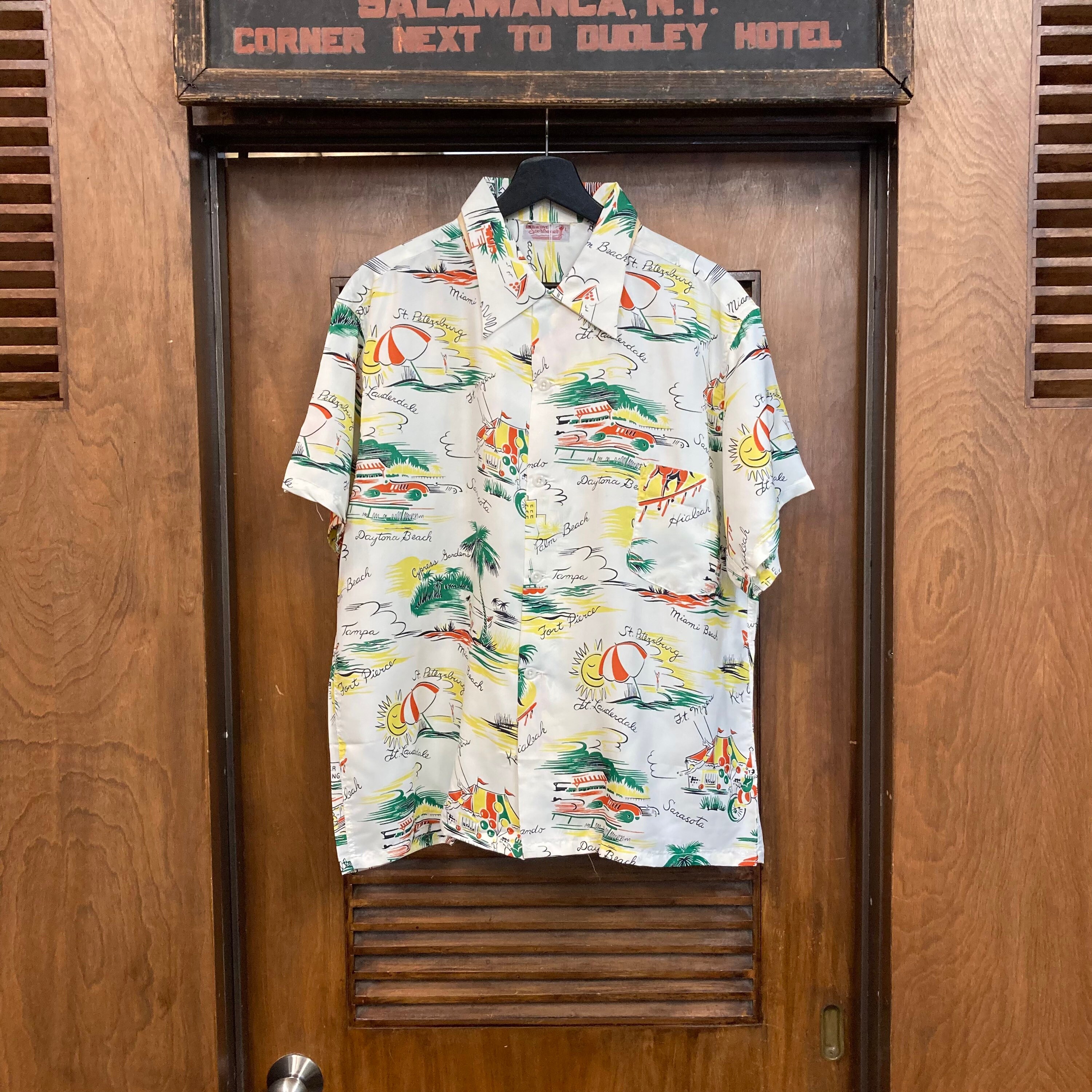 Vintage 1950s Deadstock Florida Cartoon Travel Silky Rayon Hawaiian ...