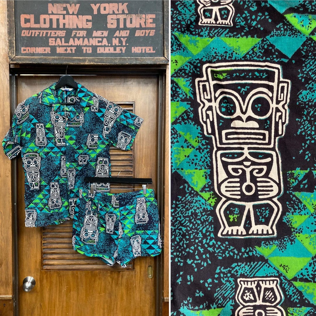 Vintage 1960’s Atomic Tiki Cotton Mod Loop Collar Hawaiian Shirt Swim ...