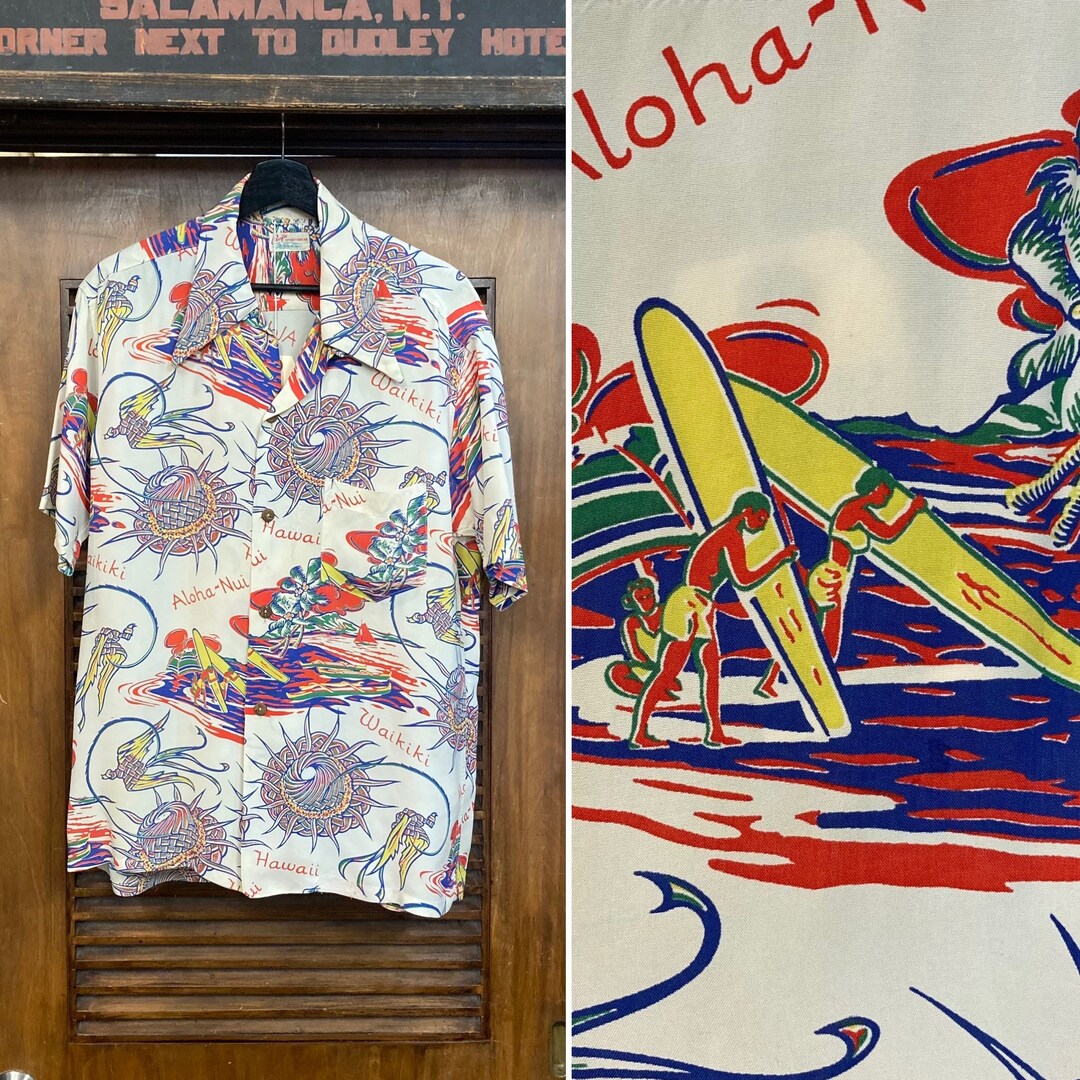 Vintage 1940’s Original Tropical Cartoon Tiki Rayon Hawaiian Shirt, 40 ...