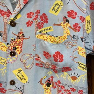 Vintage 1940s Hula Girl Cartoon Tropical Tiki Rayon Print Hawaiian ...