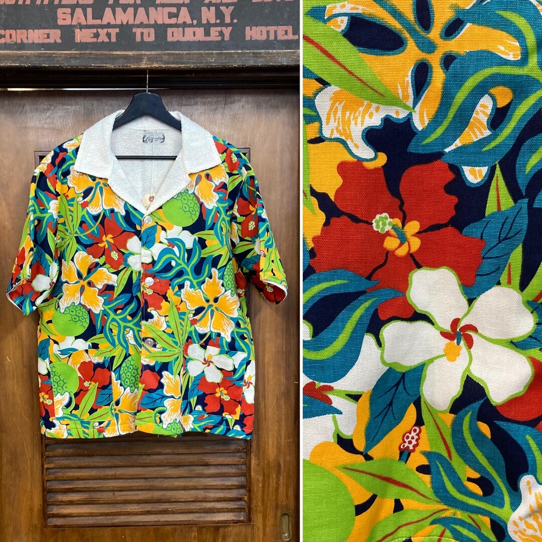 Vintage 1960’s Atomic Mod Tiki Floral Beach Cabana Hawaiian Shirt ...