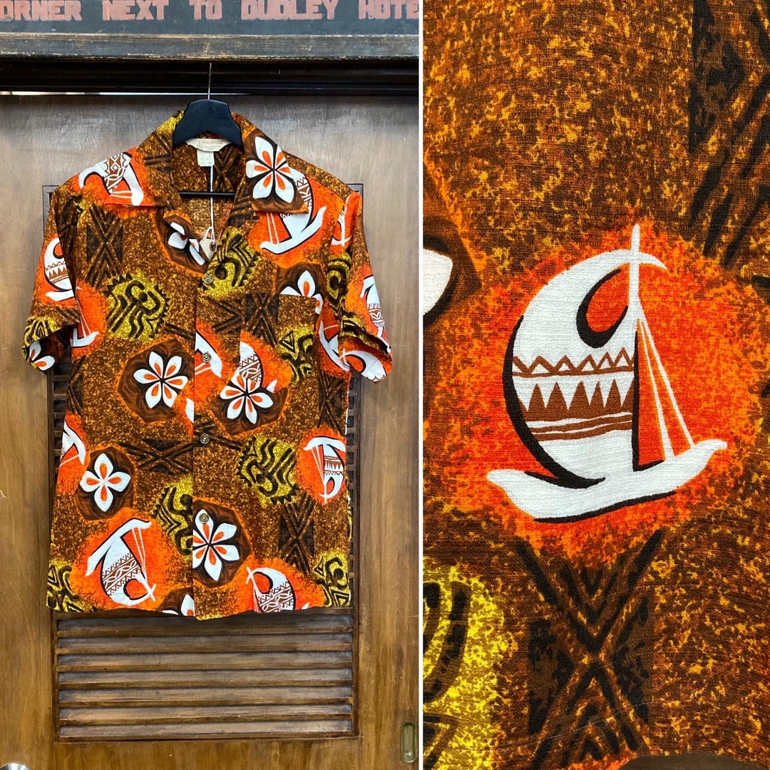 Vintage 1960’s Atomic Mod Tiki Cotton Barkcloth Loop Collar Hawaiian ...