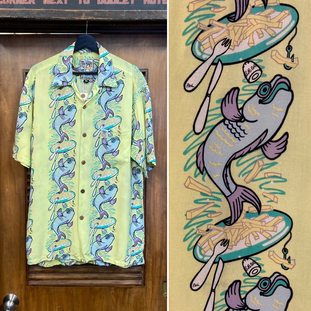Vintage 1990s mambo Label Fish Border Tiki Rayon Hawaiian Shirt, 90s ...
