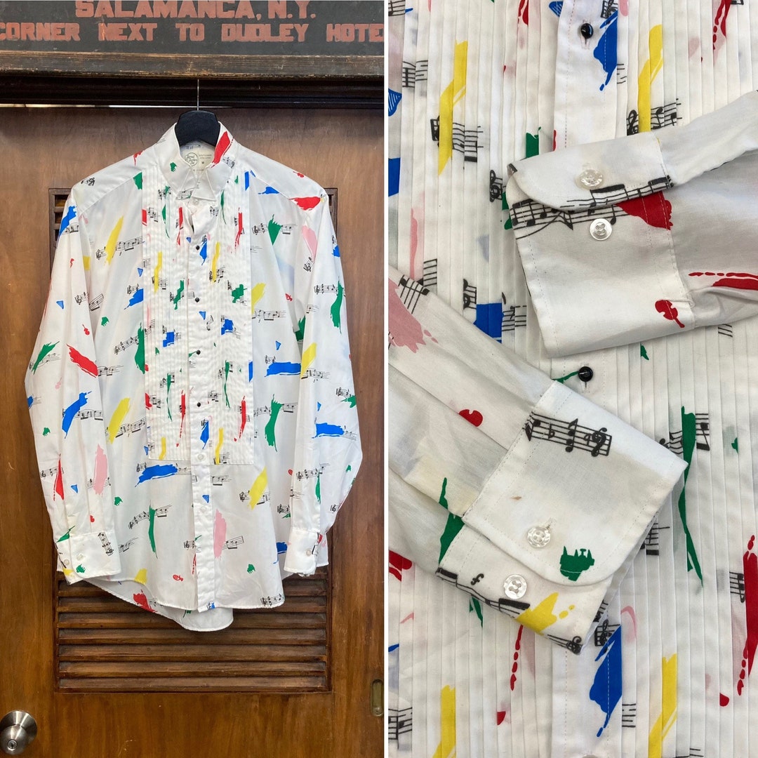 Vintage 1980s Music Note Print New Wave Tuxedo Graffiti Dress Shirt ...