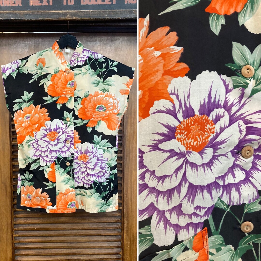 Vintage 1950’s -deadstock- Black Background Floral Tiki Ladies Teatimer ...