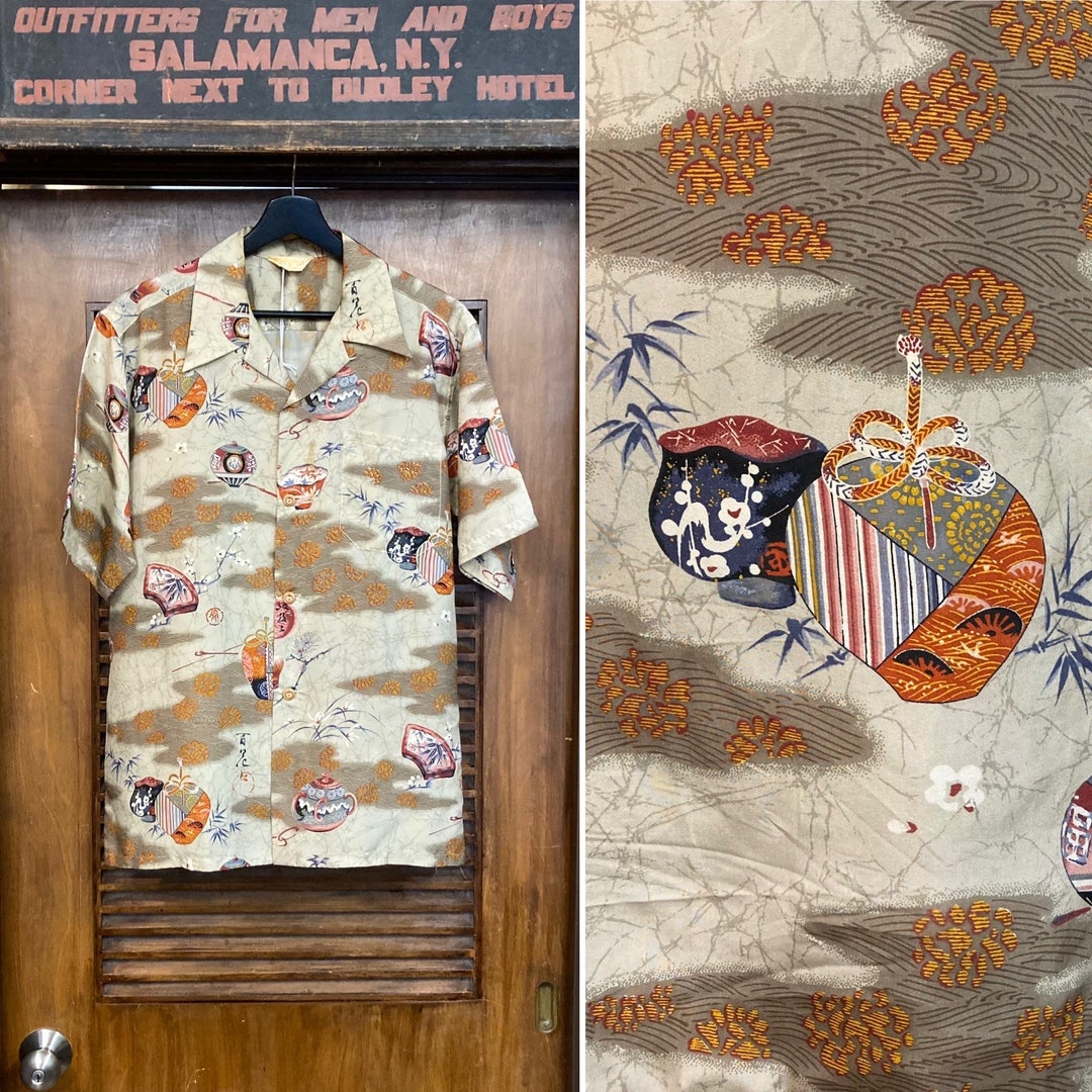 Vintage 1950s hookano Asian Japan Tiki Silk Loop Collar Hawaiian Shirt ...